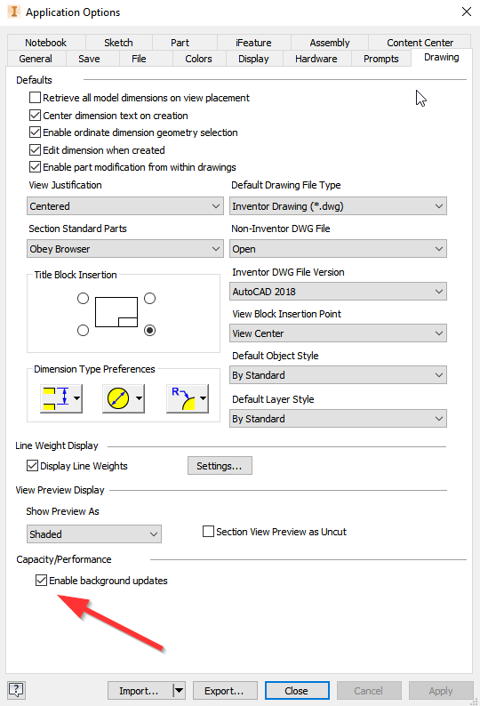 What is the "Enable background updates" option for Inventor drawings?