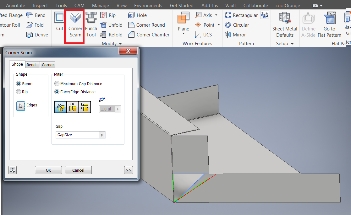 How to create a mitered corner with 3 flanges with different flange angle in Inventor
