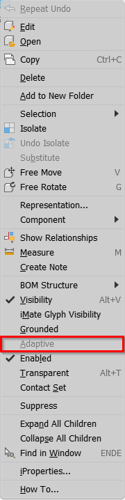 Adaptive is grayed out on certain parts in an Inventor Assembly