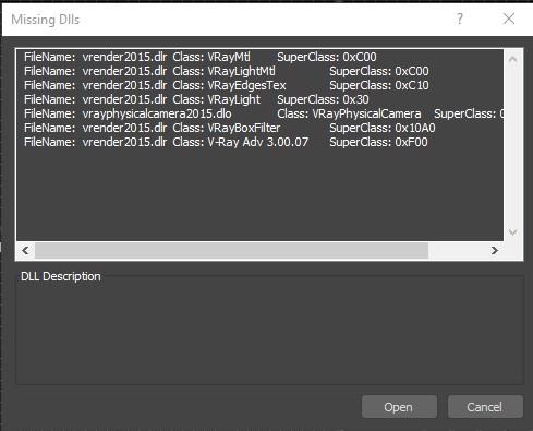 3ds Max を開くと「DLL が見つかりません」という警告が表示される
