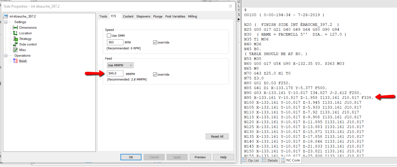 Der mit Überschreibung festgelegte Vorschub unterscheidet sich im nachbearbeiteten NC-Code in ...