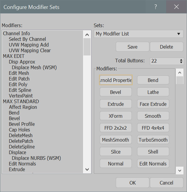 How to customize and navigate quickly through the 3ds Max Modifier List