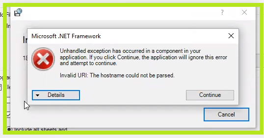eTransmit model fails with warning 'Invalid URI: The hostname could not be parsed'