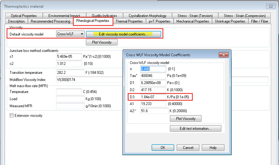 What is the Cross-WLF Viscosity Model D3 value in Moldflow?