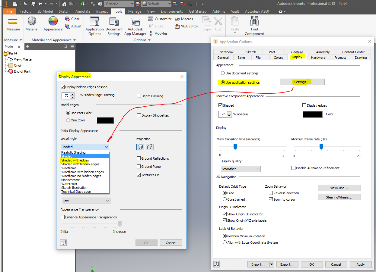 Set the Visual Styles for an Inventor part to use the default use when ...
