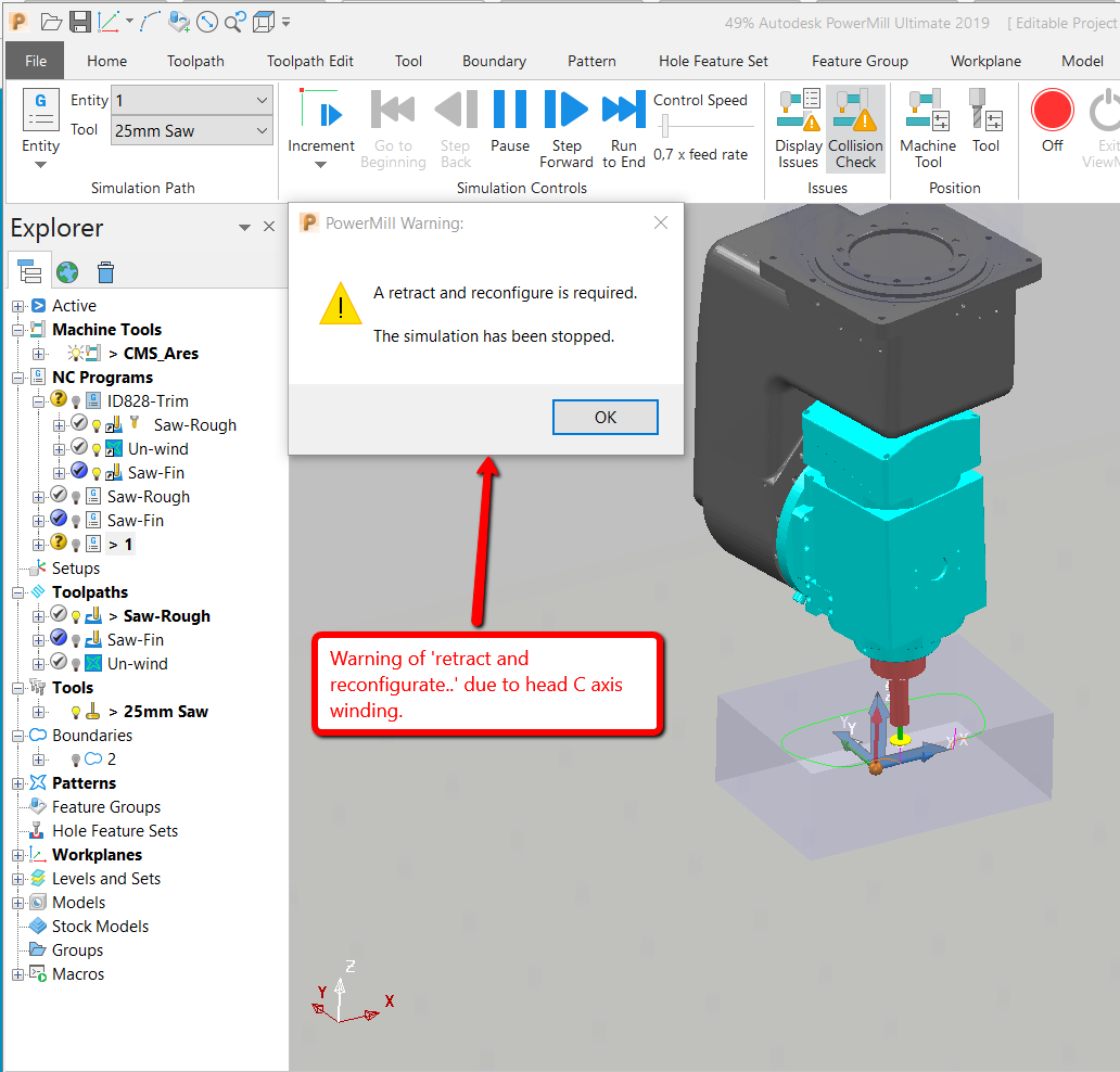Warning: "A retract and reconfigure is required. The simulation has been stopped." while running ...