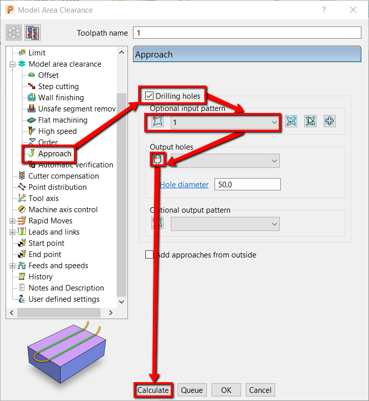 How to plunge into a user-defined predrilled hole while calculating Area Clearance toolpath in ...