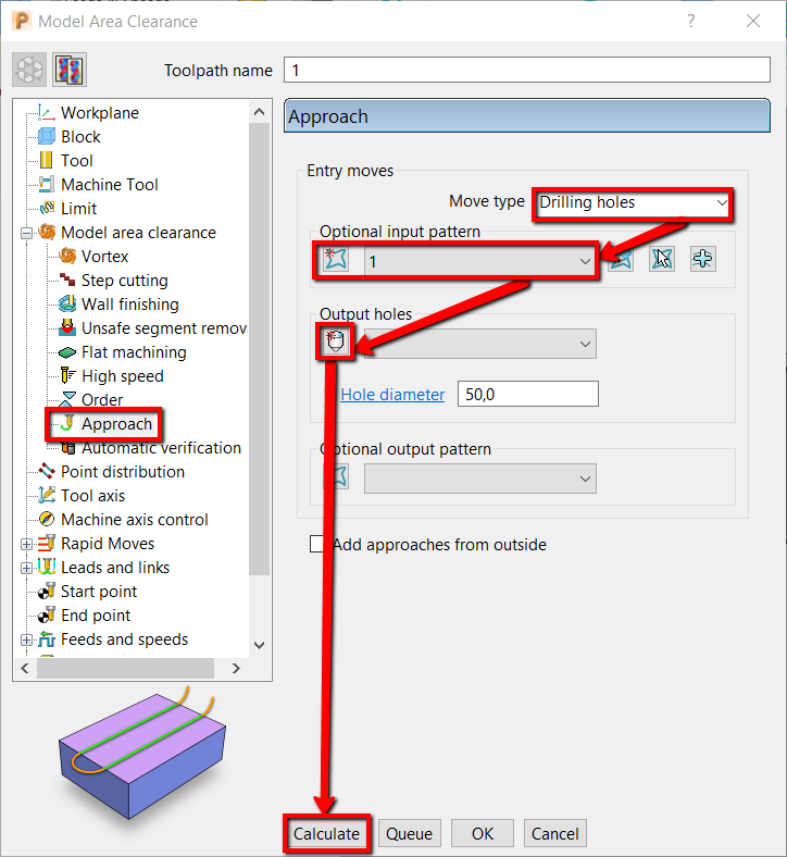 How to force PowerMill Vortex toolpath to approach within user defined hole