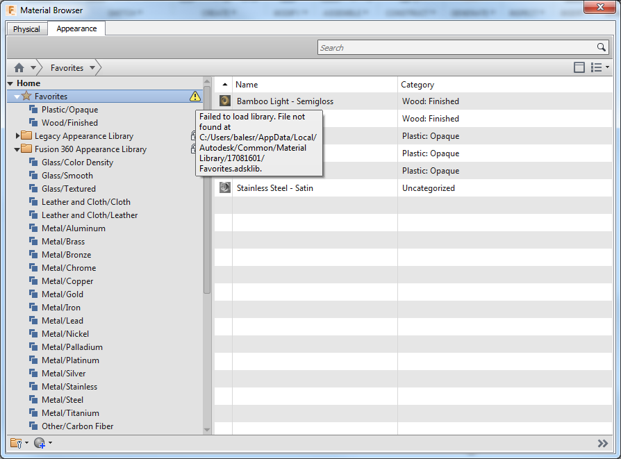 Failed to load favorites library when opening material browser in Fusion