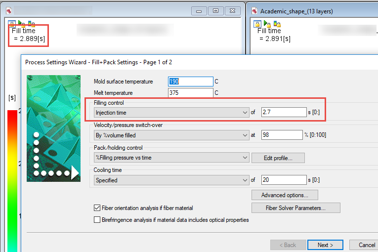 充填時間結果がMoldflow解析で設定した射出時間よりも長くなっています