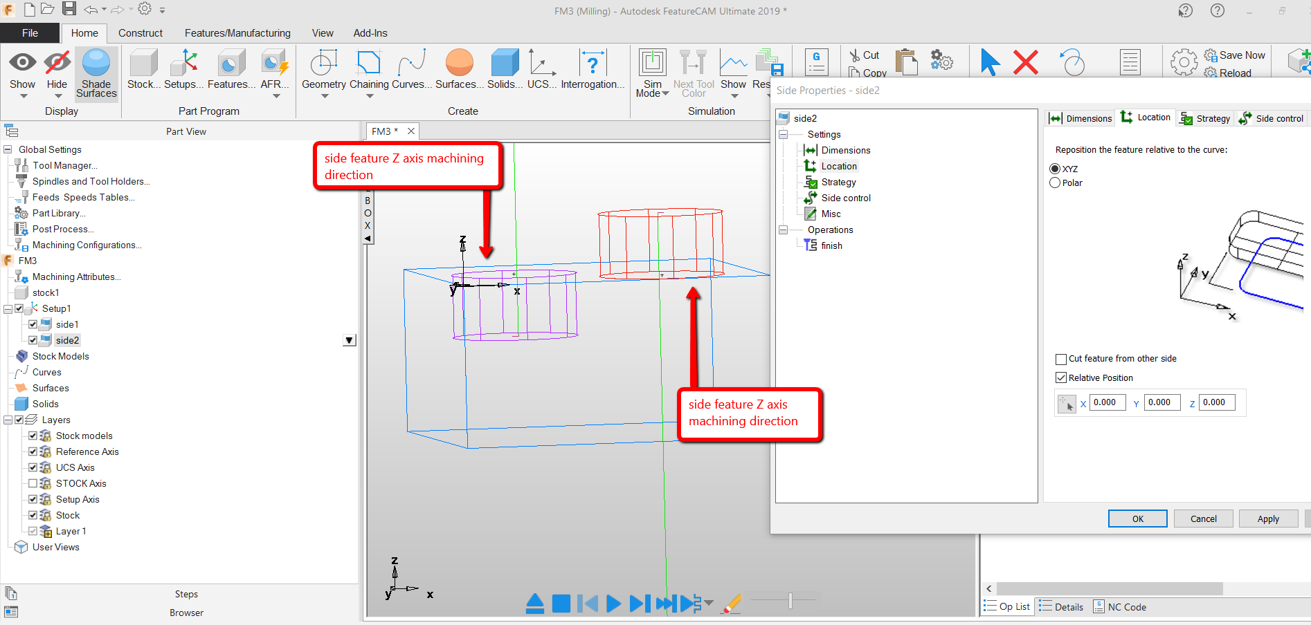 Tool approach from the other side or inverted Z axis direction in FeatureCAM