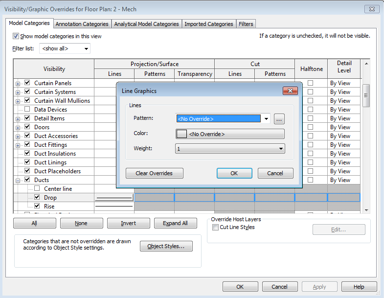 Duct Risers and drops print with bold hidden lines in Revit