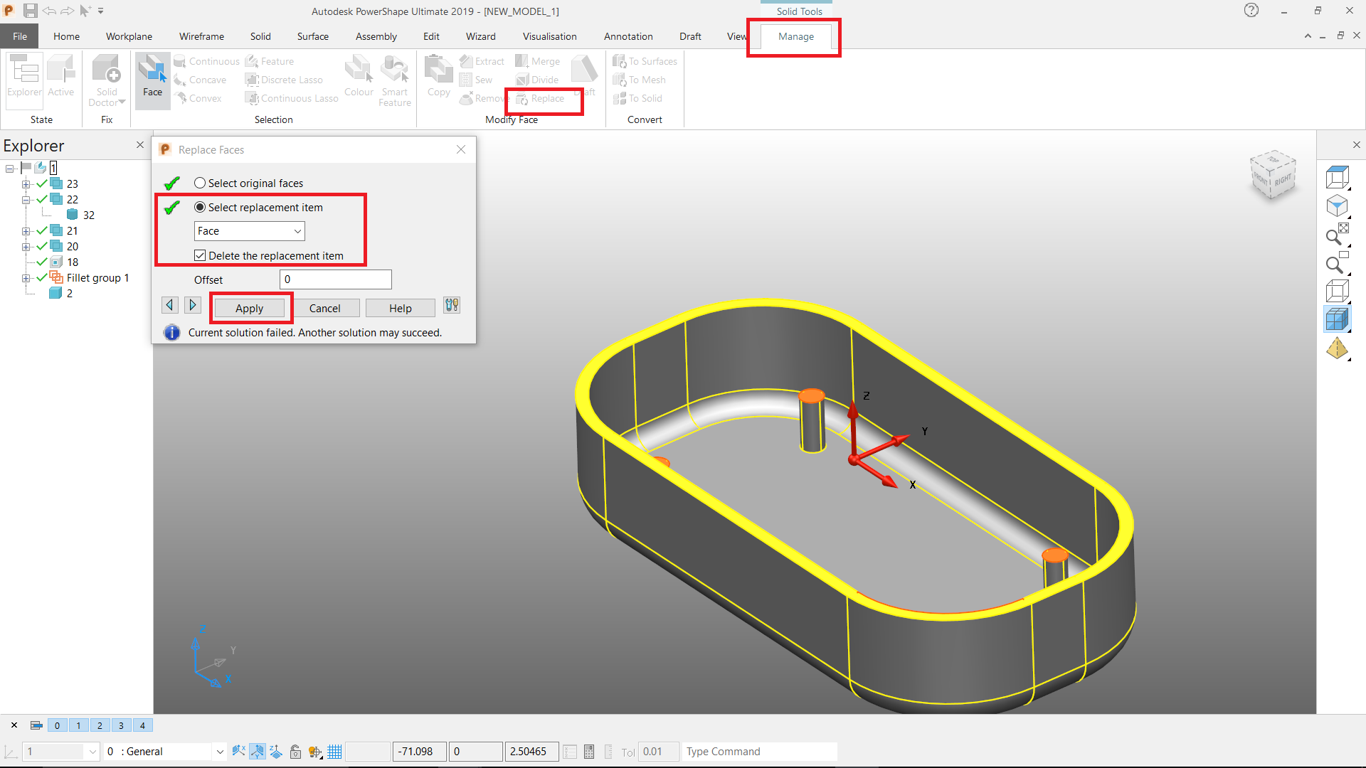 PowerShape에서 면을 대체하는 방법