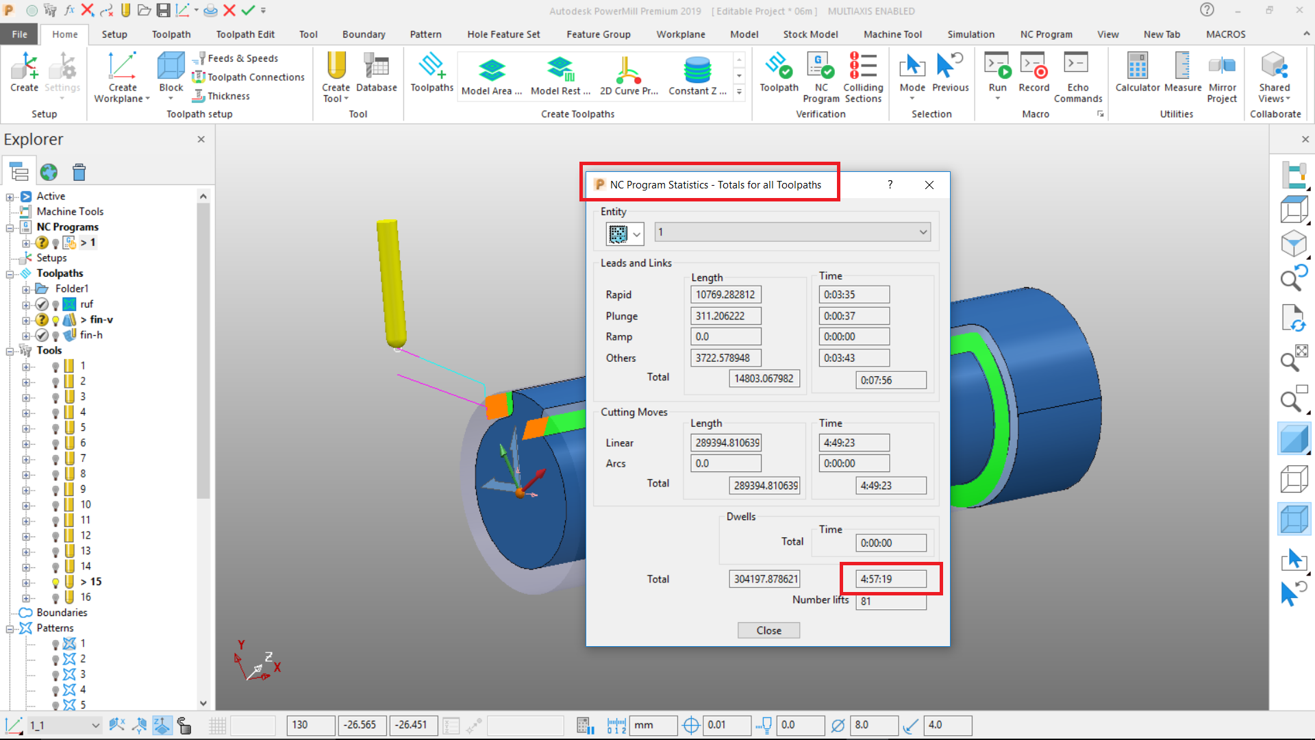 How to find total machining time of project in PowerMill