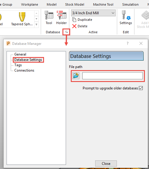 "Failed to connect to database" is displayed when trying to access the tool database in PowerMill