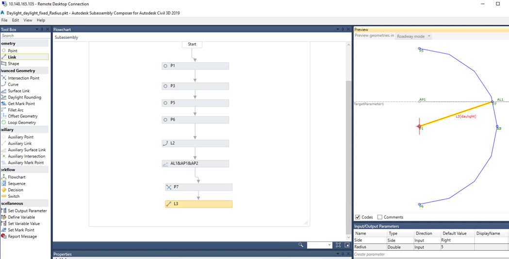 How to create a daylight with a variable slope and a fixed radius in Subassembly Composer