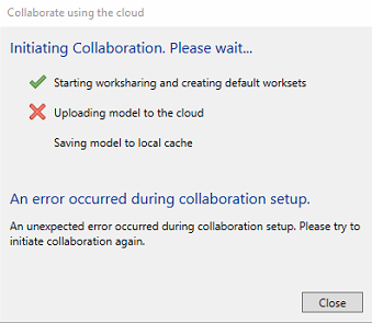 Hangup or error encountered when initiating Revit cloud collaboration