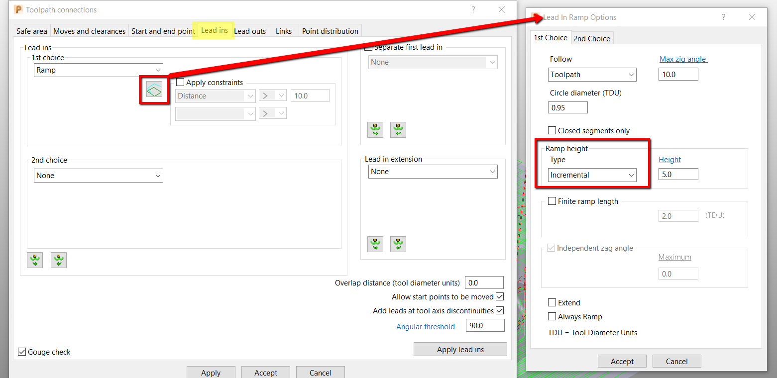 How to reduce ramp height of lead in move of roughing toolpath in PowerMill