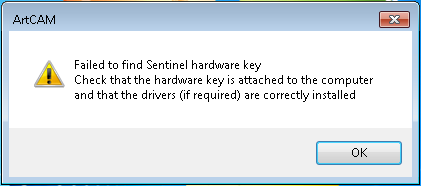 Error: "Failed to find Sentinel hardware key" with PAF file in ArtCAM