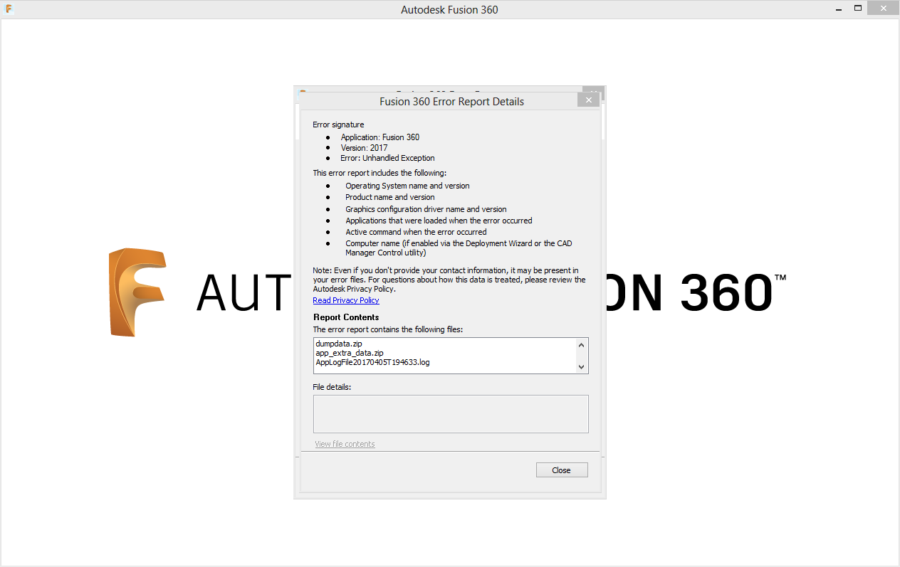 "Unhandled Exception" and then crash when launching Fusion 360