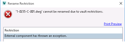 Error: "External component has thrown an exception" when renaming DWG in Vault client