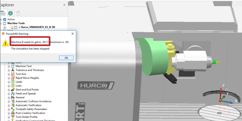 Error: "The simulation has been stopped" when simulating toolpath in PowerMill