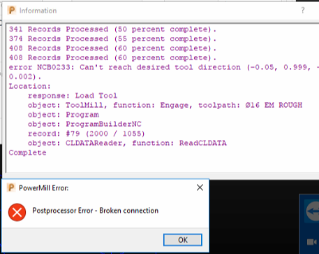 Error: "The simulation has been stopped" when simulating toolpath in PowerMill