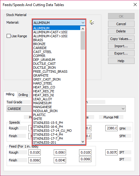 Materials are missing/Feed and Speed for some Materials are zero from Materials list in FeatureCAM
