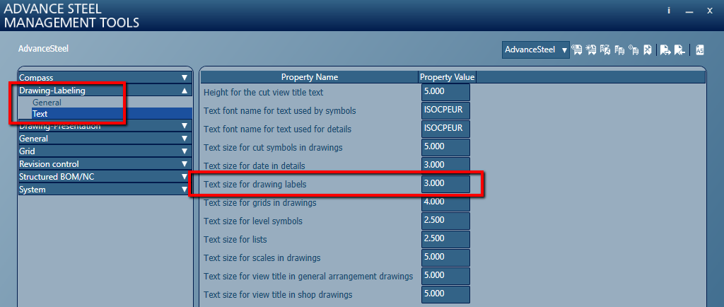 Change the text height of the bending axis label in Advance Steel drawings