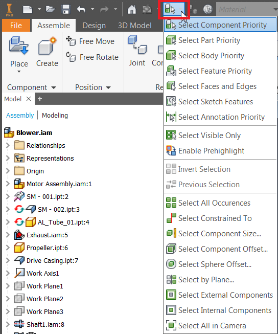 How to select parts, edges, faces and sketches in an Inventor assembly