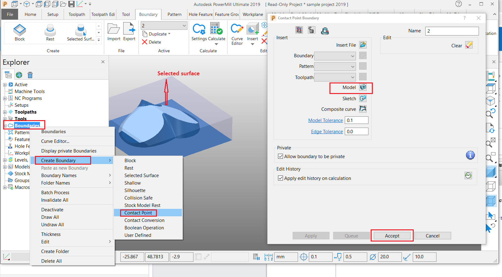 How to create boundary for machining selected surfaces by using contact point of the tool in ...