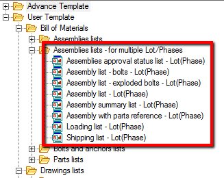 Advance Steel 中外部 BOM 表列表中的批次/阶段标记