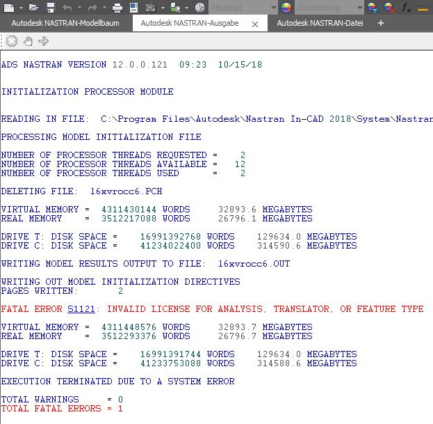 S1121 error INVALID LICENSE FOR ANALYSIS, TRANSLATOR, OR FEATURE TYPE in Nastran In-CAD 2018.0.0