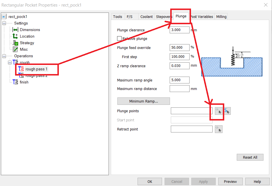 How to move the plunge point on toolpath in FeatureCAM