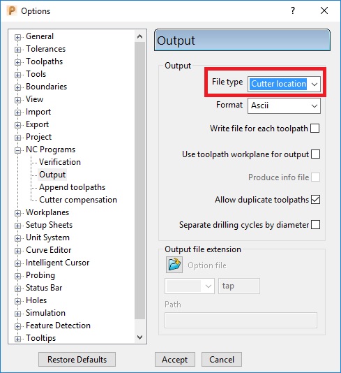 How to change output file type in PowerMill