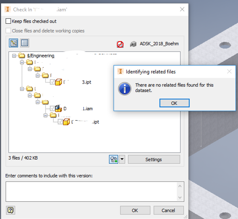 "There are no related files found for this dataset" when using Vault Check In button 'related ...