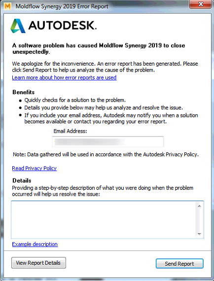 "A software problem has caused Moldflow to close unexpectedly" shown ...