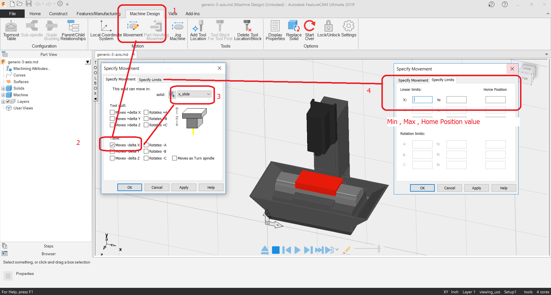 How to set machine axis limits in FeatureCAM