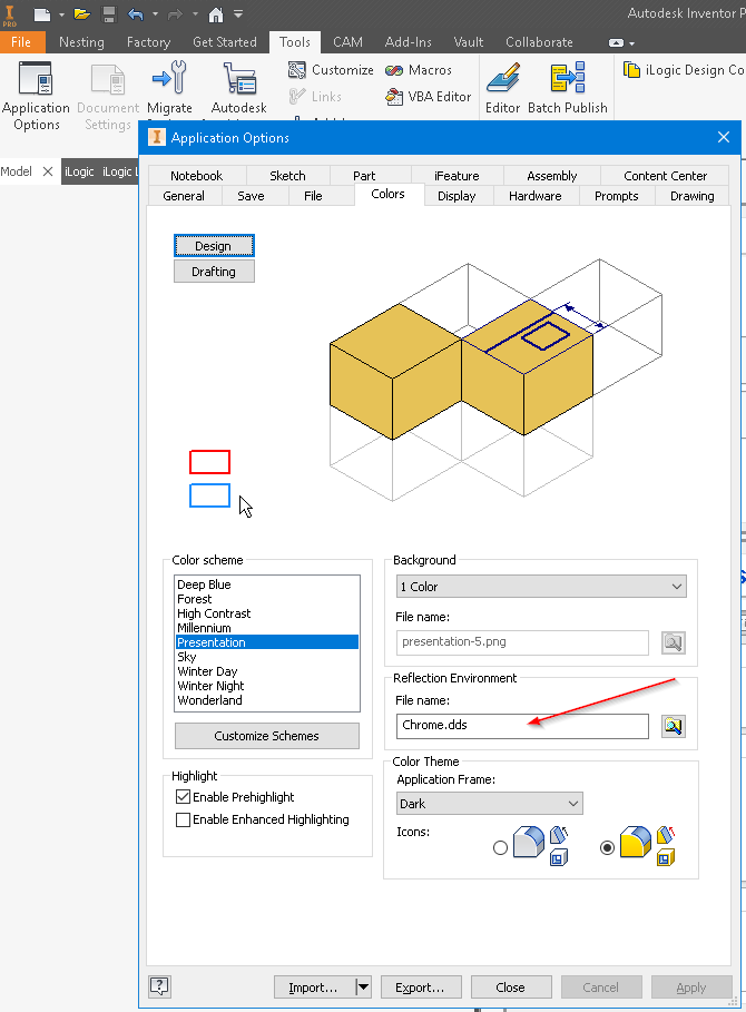 How to change the image for reflective appearances for Inventor