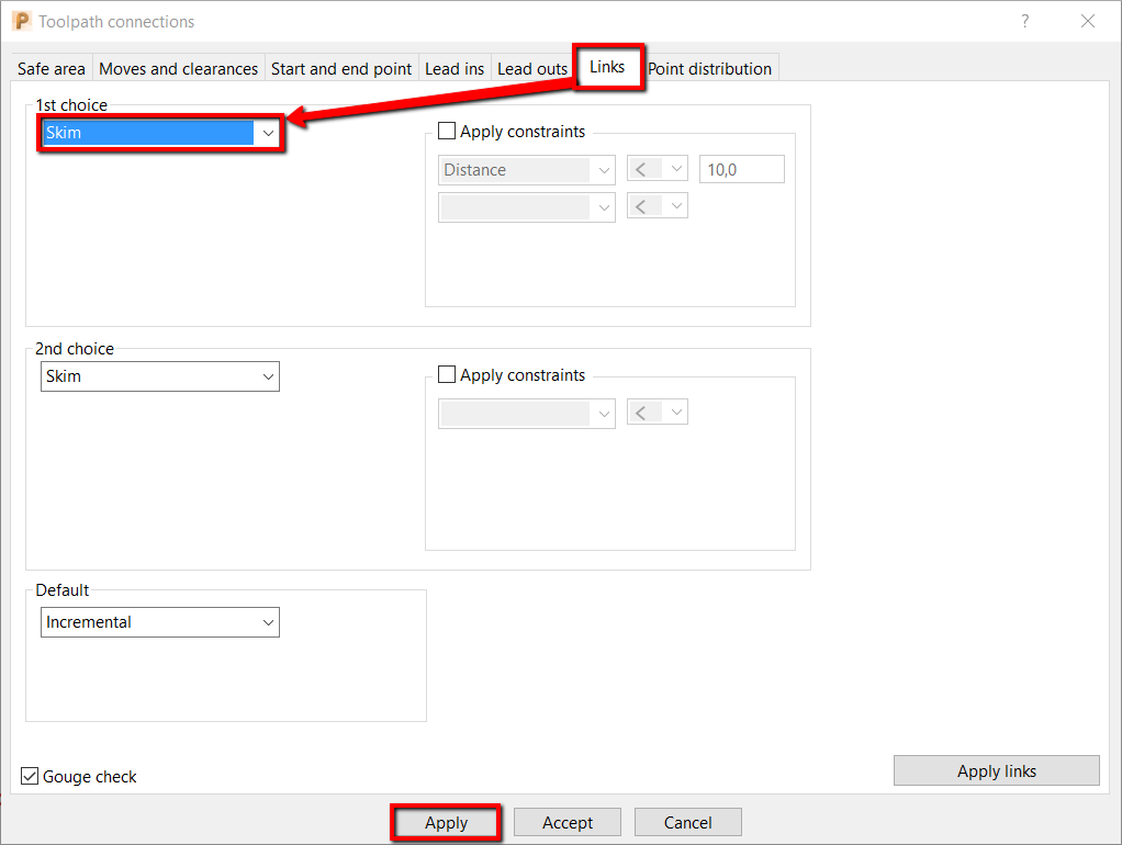 How to prevent links from staying on surface in PowerMill