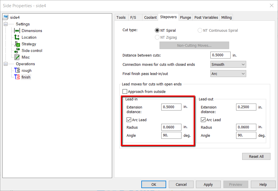 Cannot set lead-in/lead-out distances for a side feature finish pass in FeatureCAM