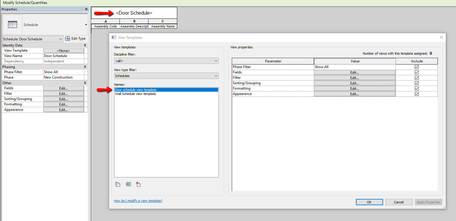 Missing parameters in view template for a schedule in Revit
