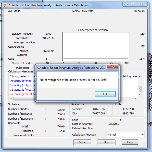 Error: "No convergence of iteration process. (Error no. 2085)" is displayed during modal ...