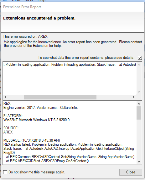 "Extensions Error Report...Rex startup failed" when launching AutoCAD Civil 3D
