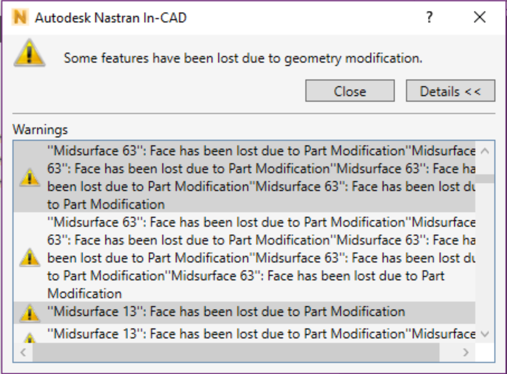 "Face has been lost due to Part Modification" appears and the shell mesh disappears in Nastran ...