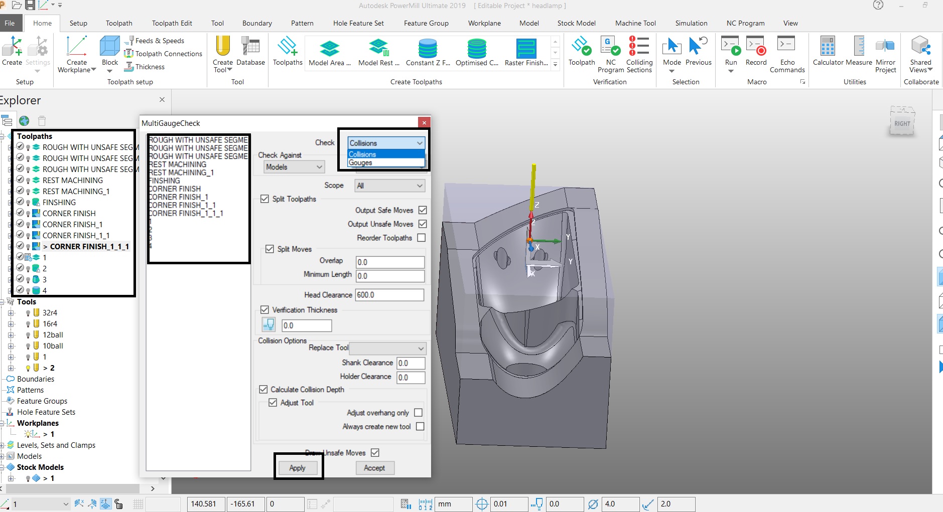 How to verify multiple toolpaths by using the MultiGaugeCheck utility in PowerMill