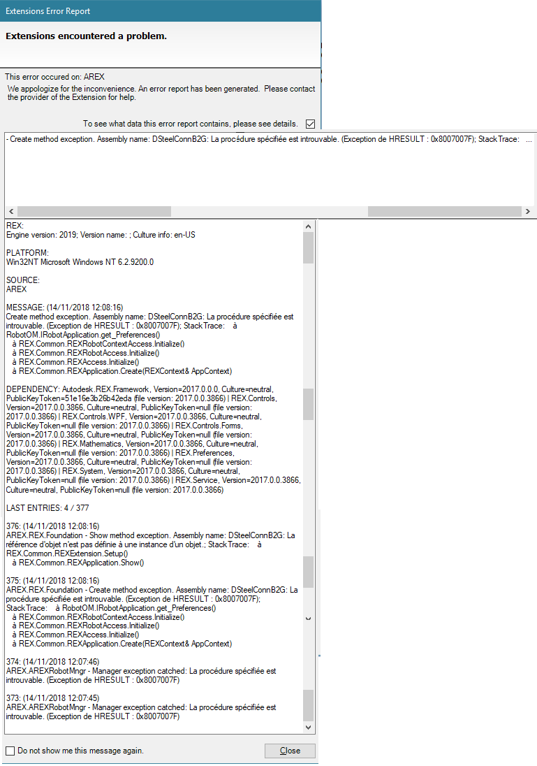 "Extensions encountered a problem" when trying to access Steel Connection Parameters dialog box ...