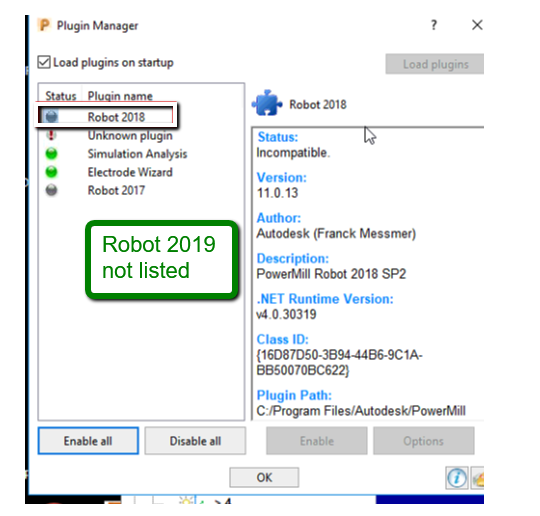 PowerMILL Robot interface is not listed in the Plugin manager