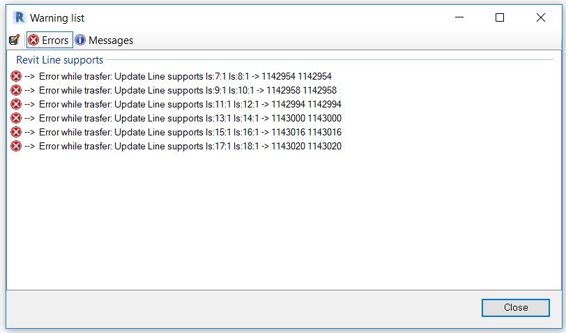"Error while transfer : update line support is..." while updating Revit model from Robot