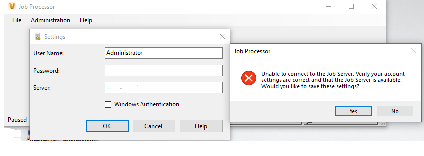 "Unable to connect to Job Server. Verify your account settings are ...
